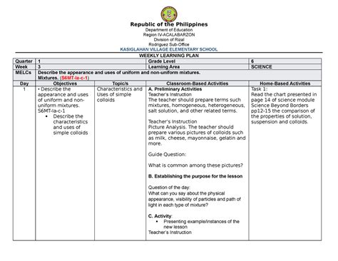 Science Wlp Q1 W3 Grade 6 Wlp Quarter 1 Republic Of The