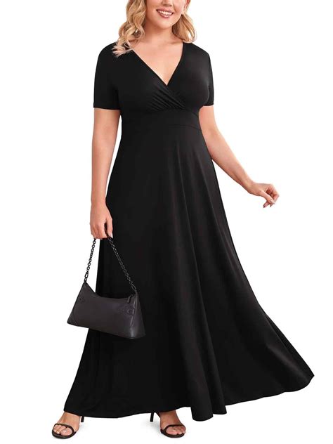 Poseshe Women Plus Size V Neck Short Sleeve Evening Dress Elegant