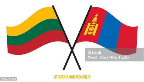 리투아니아와 몽골 국기가 교차하고 평평한 스타일로 흔들립니다 공식 비율 올바른 색상 Mongolian Flag에 대한 스톡 벡터