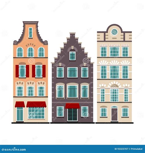 Sistema De Fachadas Viejas De La Historieta De Las Casas De Amsterdam Ilustración del Vector
