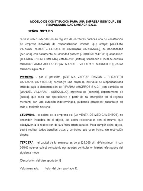 Modelo De Constitución Para Una Empresa Individual De Responsabilidad