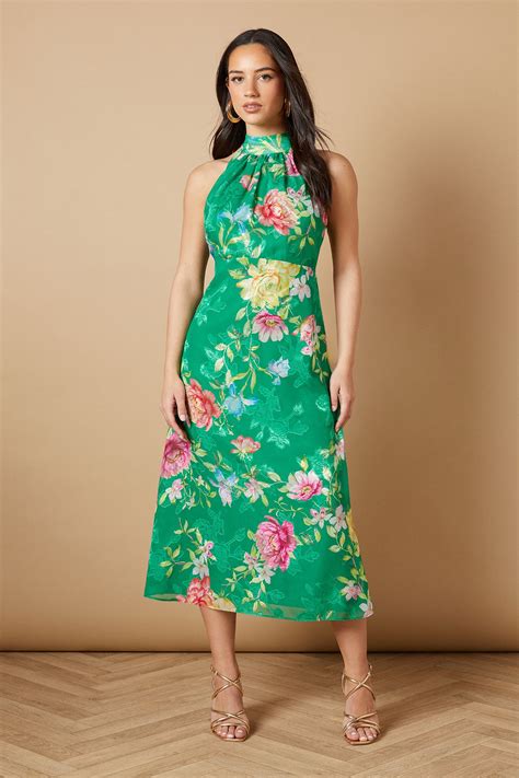Dresses Floral Satin Burnout Halterneck Midi Dress Oasis