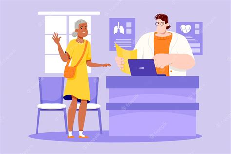 평면 만화 디자인의 사람들이 있는 병원에서의 바이올렛 컨셉 리셉션 프리미엄 벡터