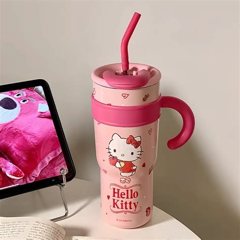 키티 대용량 스테인리스 빨대 텀블러 핑크 1200ml 여름 보온 보냉컵