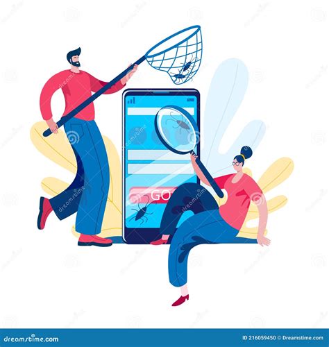 The QA Engineer Looks For Bugs In The Mobile App Stock Vector Illustration Of People Plant
