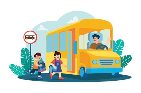 학생들은 학교 버스로 학교에 간다 흰색 배경에 일러스트 개념 통학 버스에 대한 스톡 벡터 아트 및 기타 이미지 통학 버스