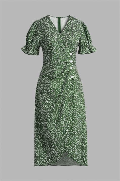 Casual V Neck Short Sleeve Floral Wrap Midi Dress Cherieday