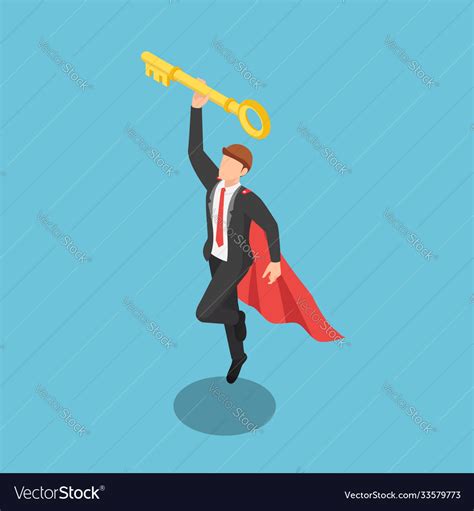 Isometric Super Businessman Holding Golden Key Vector Image
