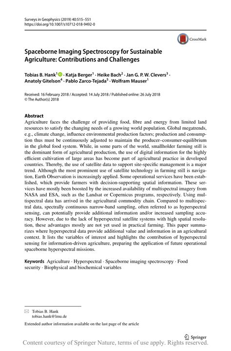 Pdf Spaceborne Imaging Spectroscopy For Sustainable Agriculture Contributions And Challenges