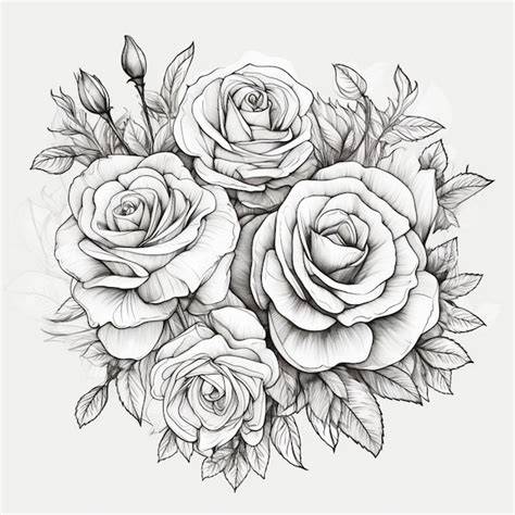 Un Dibujo De Un Ramo De Rosas Con Hojas Sobre Un Fondo Blanco Ai