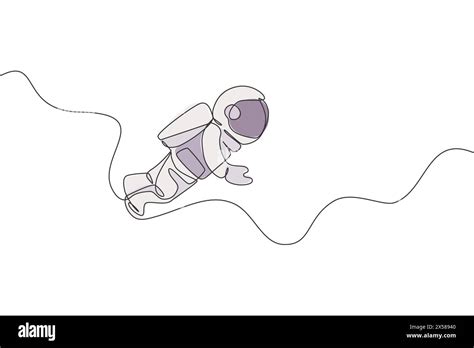 One Single Line Drawing Of Young Astronaut In Spacesuit Flying At Outer