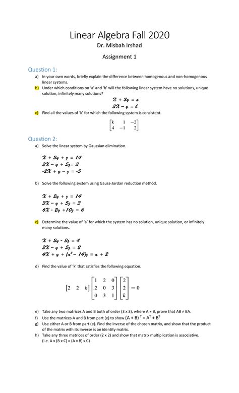 Assignment Linear Algebra A Linear Algebra Fall Dr Misbah Irshad Assignment