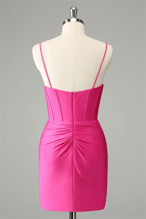 Zapakasa Women Fuchsia Homecoming Dress Spaghetti Straps Bodycon Satin