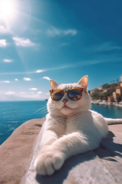 Un Gato Blanco Con Gafas De Sol Y Acostado En Una Repisa Frente Al Mar