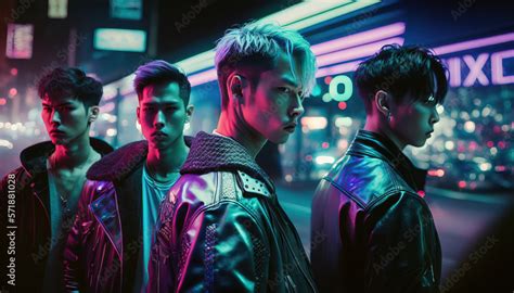 Four Young K Pop Dancers With Neon Lights At The Street On The Night