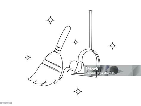 하나의 연속적인 선화에서 도구를 청소하고 청소합니다 먼지 기호와 정리 개념이 있는 빗자루는 단순한 선형 스타일입니다 편집 가능한 스트로크로 하우스키핑 윤곽선 벡터 일러스트