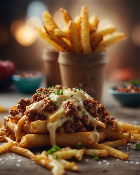 Savory Cheesy Loaded Fries With Ground Beef And Chives Stock
