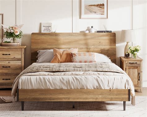 Linsy Home Wood Queen Bed Frame With Ergonomic Headboard And Storage Shelf No Box Spring Needed