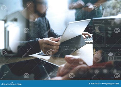 startup programming team website designer working digital table stock