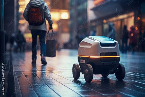 A Delivery Robot Traverses A Rainy Pedestrian Street Its Lights Reflecting On The Wet Surface