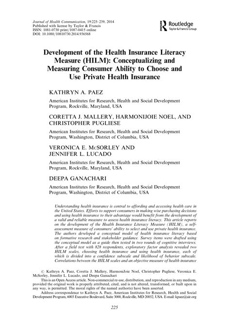 Pdf Development Of The Health Insurance Literacy Measure Hilm Conceptualizing And Measuring