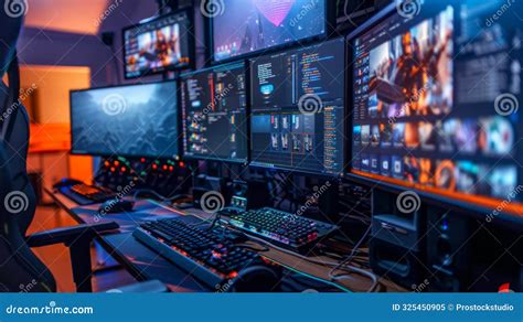Multi Monitor Setup With Gaming And Coding Stock Image Image Of