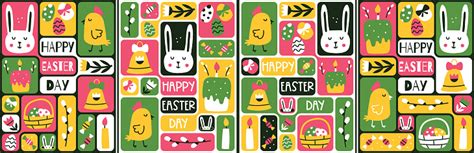 행복한 부활절 카드 세트입니다 기하학적 배경 인사말 카드 전단지 표지 도시락 그리드 디자인 손으로 그린 요소가 있는 벡터