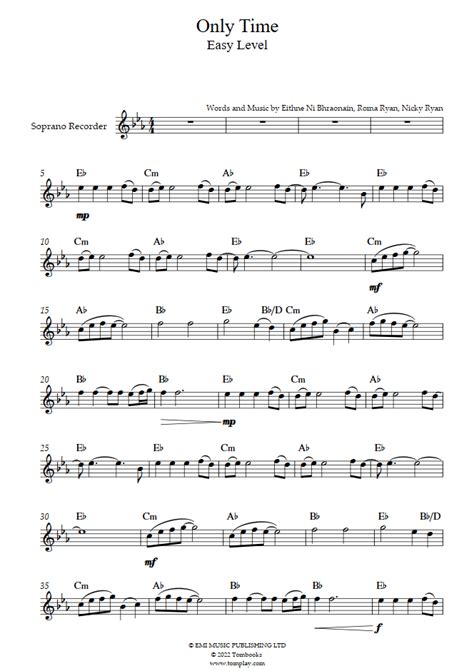 Only Time Easy Level Soprano Recorder Enya Recorder Sheet Music