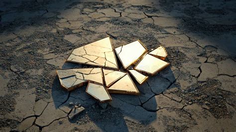 Shattered Golden Shards On Dry Cracked Earth Symbolic Of Fragility And