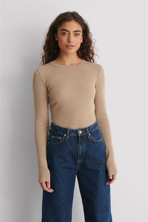 Ribbed Knitted Round Neck Sweater Beige Na Kd
