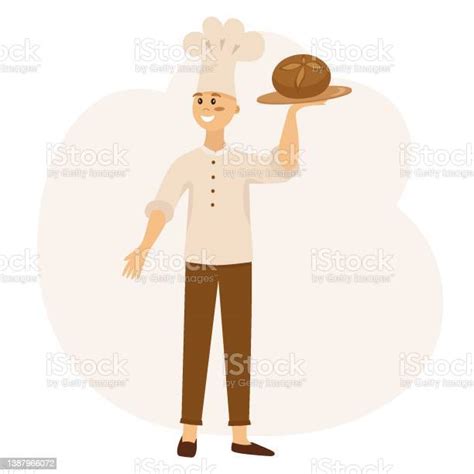 제빵사가 신선한 구운 빵을 손에 들고 있습니다 벡터 그림이 격리되었습니다 장식 포스터 엽서 고급에 대한 스톡 벡터 아트 및 기타