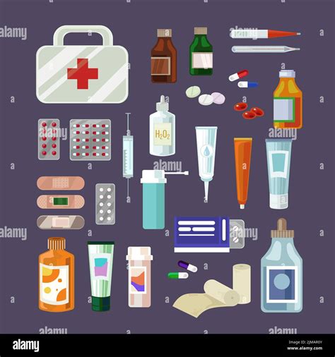Various Pills And Drugs Bottles Cartoon Illustration Set Syringe
