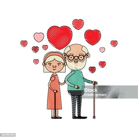 색상 크레용 실루엣 풍자 만화 전신 노인 커플의 지팡이와 활 레이스와 짧은 머리 할머니 부동 마음 할아버지와 수용 2명에 대한 스톡 벡터 아트 및 기타 이미지 Istock