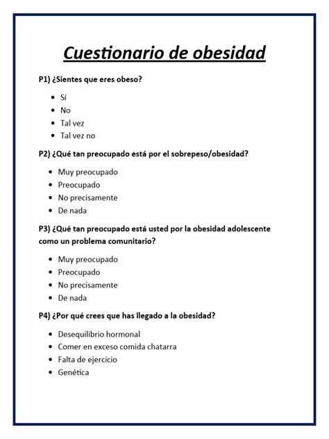 Cuestionario De Obesidad Pdf Obesidad Nutrición