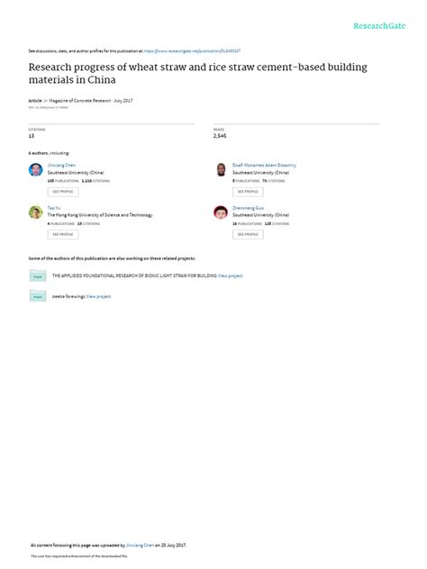 Research Progress Of Wheat Straw And Rice Straw Cement Based Building Materials In China Pdf