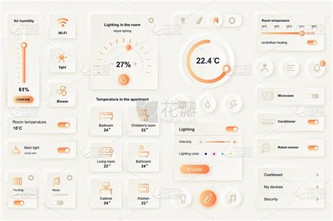 智能家居移动应用的用户界面元素。独特的neumorphic设计ui ux gui kit元素模素材 花瓣网