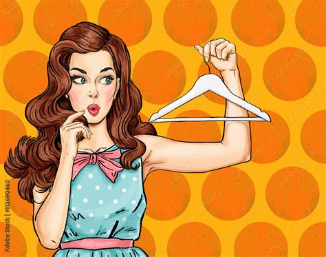 Pop Art Thinking Girl With Hanger Comic Woman Sexy Girl Amazed Woman Vintage Advertising