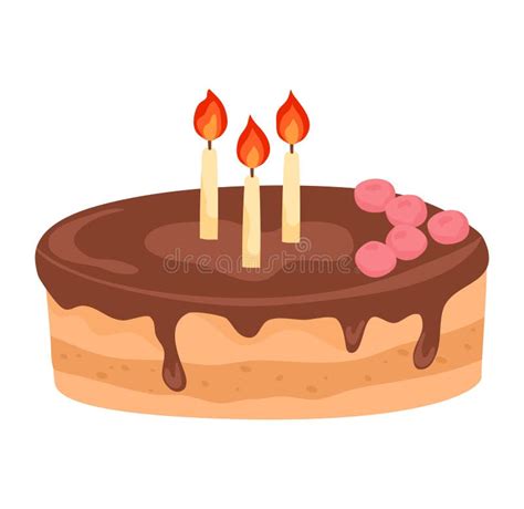 Birthday Cake With Chocolate Icing And Three Lit Candles Cartoon Cake