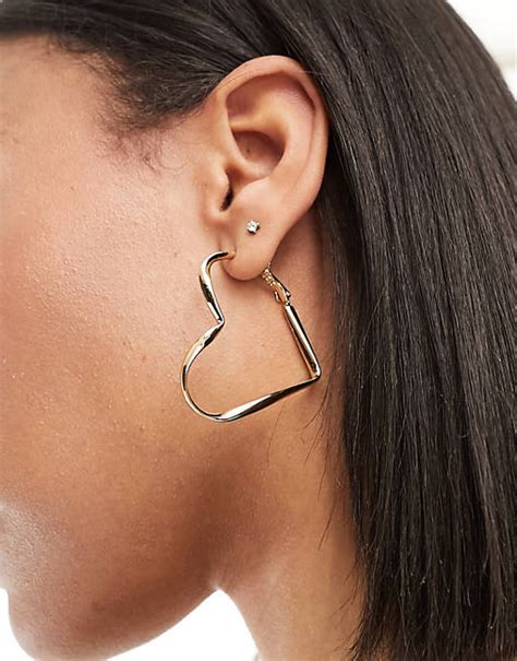 Asos Design Hoop Earrings With Heart Design In Gold Tone Asos