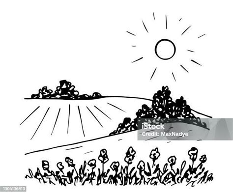 Dessin Simple De Vecteur Dessiné À La Main Noir Et Blanc Paysage Rural