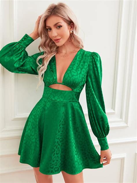 Shein Bae Leopard Jacquard Lantern Sleeve Cut Out Dress Shein Usa
