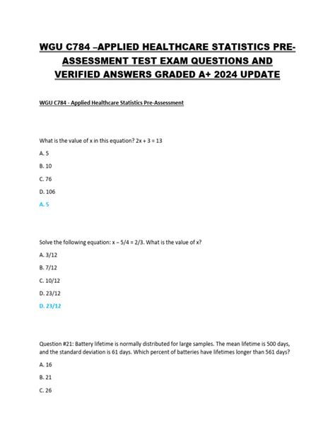 Wgu C784 Applied Healthcare Statistics Pre Assessment Test Exam