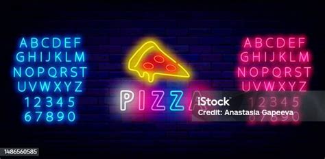 아이콘이 있는 피자 네온 라벨 카페 길거리 음식 레스토랑에 대한 빛나는 간판 빛나는 손글씨 텍스트 벡터 그림 거리에 대한 스톡 벡터 아트 및 기타 이미지 Istock