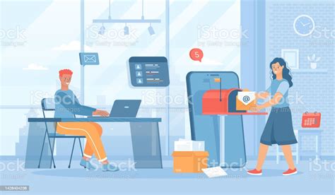 모바일 이메일 서비스 뉴스 레터 전송 프로모션 메일 이메일 마케팅 배너 웹 사이트 디자인 또는 방문 웹 페이지에 대한 사람 문자가있는 플랫 만화 벡터 일러스트 레이 션