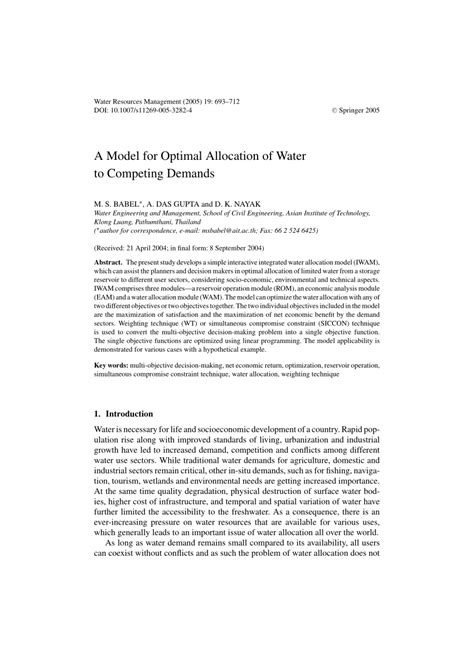 PDF A Model For Optimal Allocation Of Water To Competing Demands