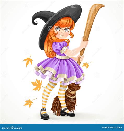 Cute Redhead Girl Dressed As A Witch Holding A Broom For Flying Stock