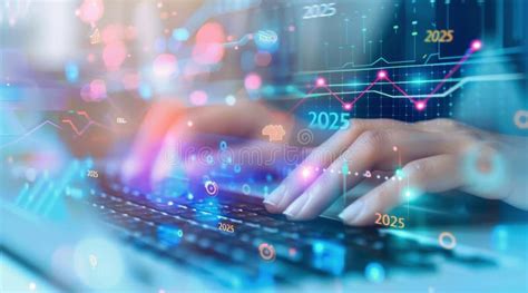 hands typing on laptop with 2025 data visualization stock image image