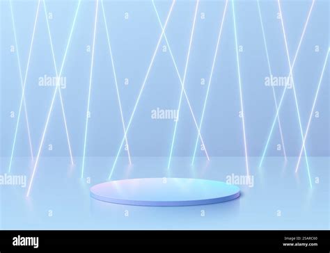 Abstract Blue 3d Background With Realistic Cylinder Pedestal Podium Overlap Vertical Neon Light