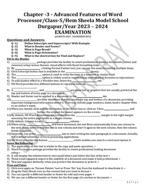 Chapter 3 Advanced Features Word Processor Examination 0909