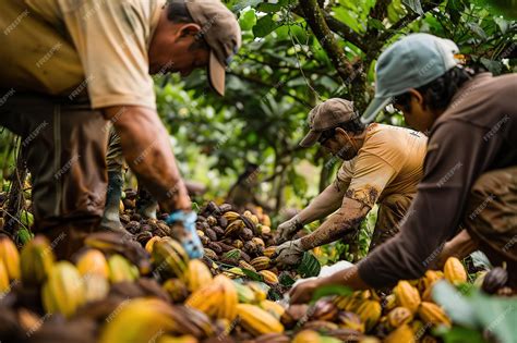Premium Photo Workers Are Seen Harvesting Cacao Pods In A Lush Plantation